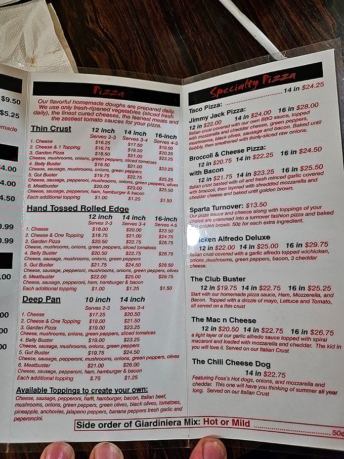 Pizza paradise by the page: The menu reveals a treasure map of deep-dish delights and specialty creations.