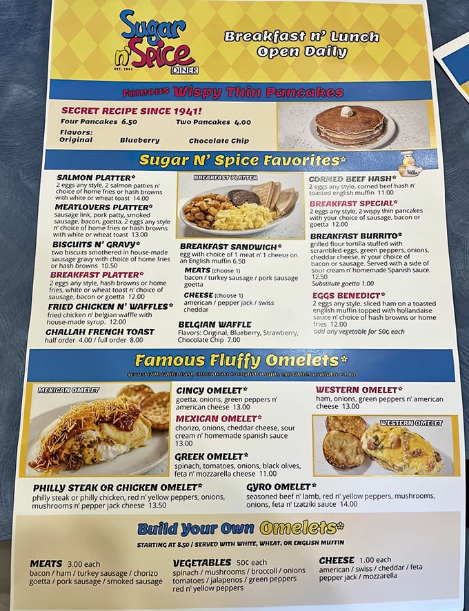 The menu showcases their famous "Wispy Thin" pancakes, a secret recipe that's been delighting taste buds since 1941.