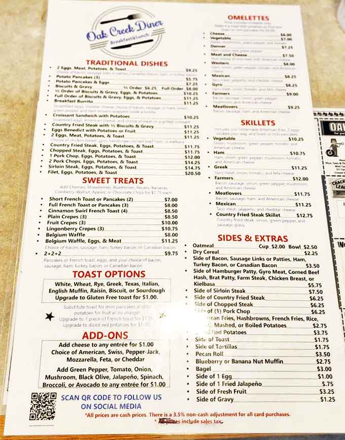 The menu at Oak Creek Diner reads like a greatest hits album of American comfort food classics, each one executed with homestyle perfection.