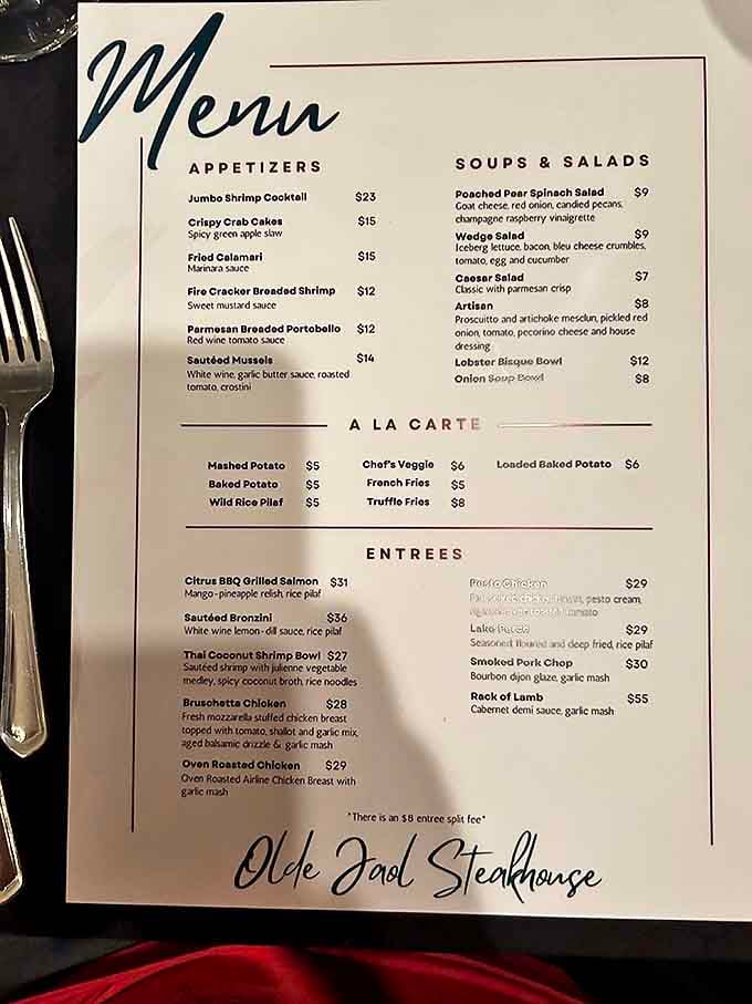 The menu at Olde Jaol Steakhouse tempts with upscale offerings from jumbo shrimp cocktail to rack of lamb &ndash; jail food this definitely is not!