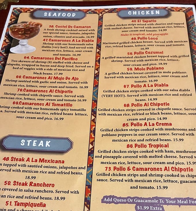 The menu reads like a love letter to Mexican cuisine, with seafood specialties, sizzling fajitas, and those legendary chimichangas that keep locals coming back.