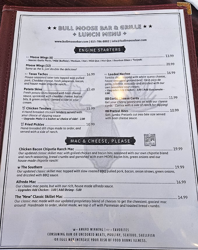 The menu at Bull Moose tempts with "Engine Starters" and comfort food classics, each dish more mouthwatering than the last.