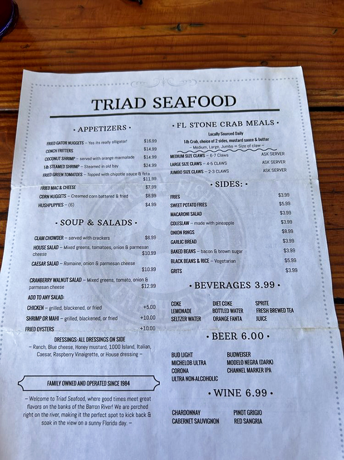 The menu reads like poetry for seafood lovers. Those stone crab claws aren't just food&mdash;they're a Florida rite of passage.