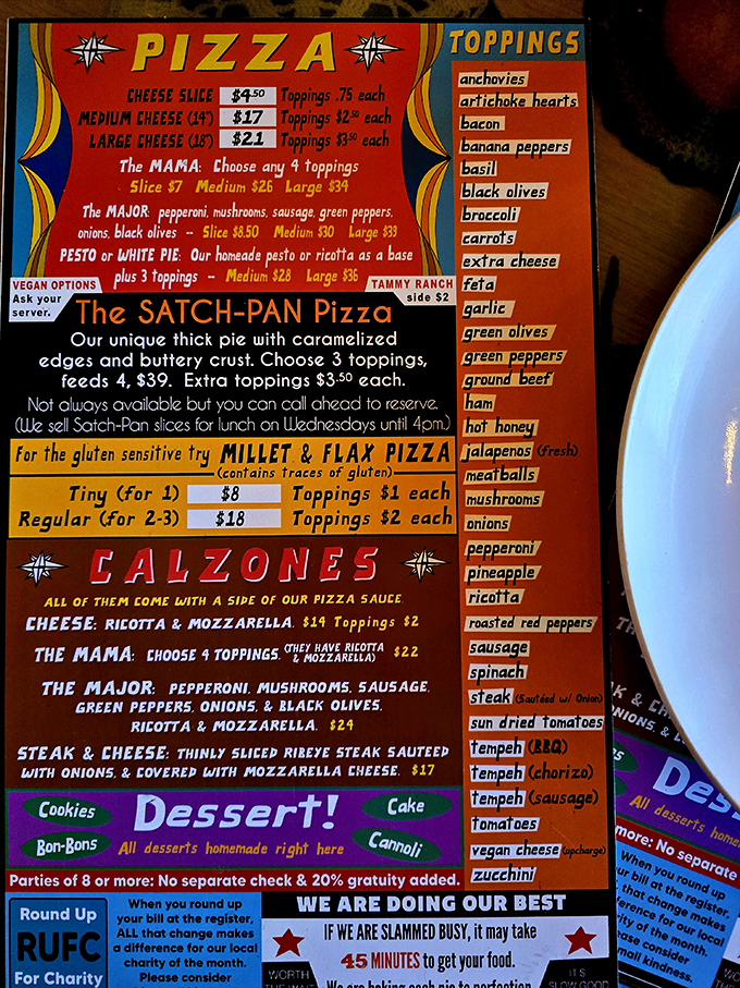 The menu board at Satchel's reads like a love letter to pizza possibilities, from classic combinations to unexpected flavor adventures.