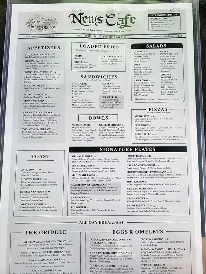 The News Cafe menu reads like a love letter to comfort food classics, with all-day breakfast options that make you question why other restaurants ever stop serving morning delights.