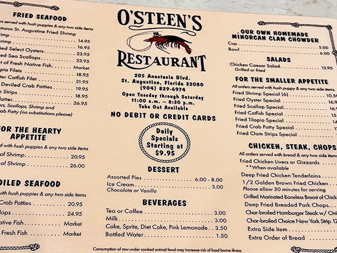 The legendary menu at O'Steen's &ndash; a paper treasure map where X marks the spot for some of Florida's finest fried seafood.