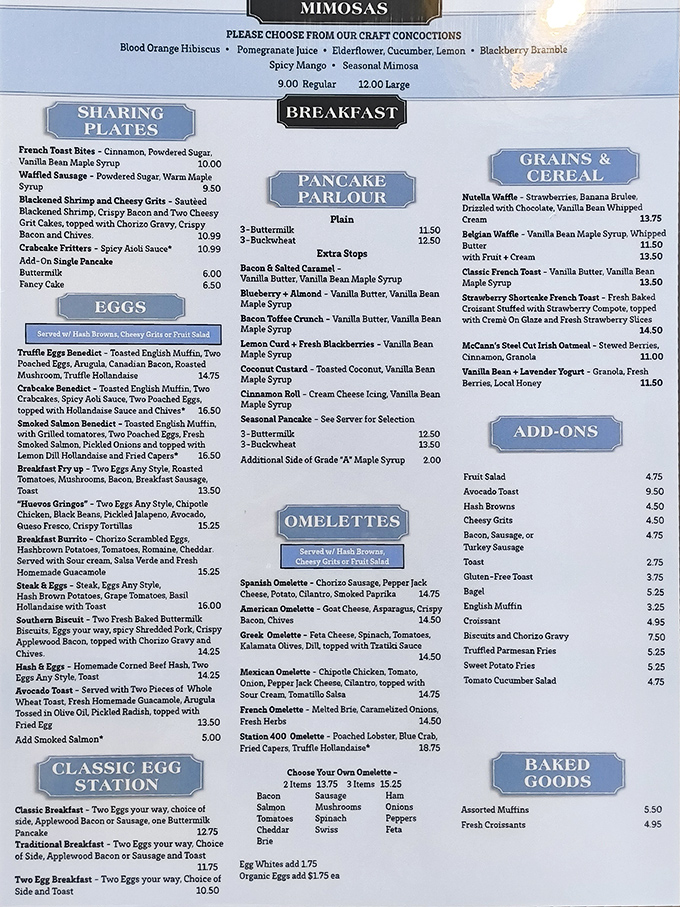 Behold the breakfast bible! Station 400's menu reads like a love letter to morning meals, with options that'll make decision-making deliciously difficult.