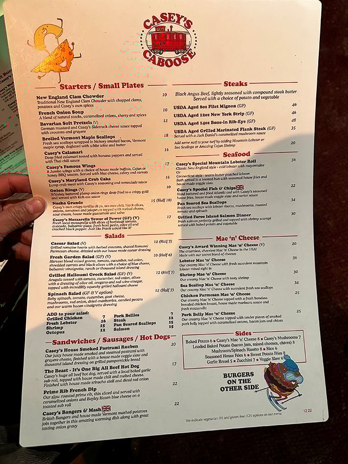 The menu at Casey's reads like a love letter to comfort food, with their legendary prime rib taking center stage.