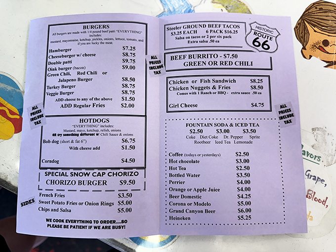 The menu doesn't just list food&mdash;it's the opening act of the Snow Cap comedy show, with playful descriptions that set the tone for your visit.