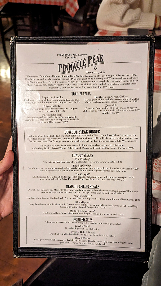 The menu tells the tale of legendary steaks &ndash; from the signature Cowboy cut to delectable appetizers like Rattlesnake Eggs.