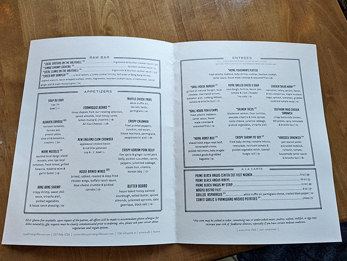 The menu reads like a love letter to New England cuisine, with seafood taking center stage alongside hearty land options.