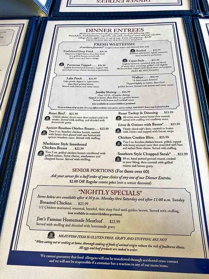 The dinner menu showcases hearty classics like fresh whitefish, roast beef, and Jim's Famous Homemade Meatloaf – all served with that Midwestern generosity.