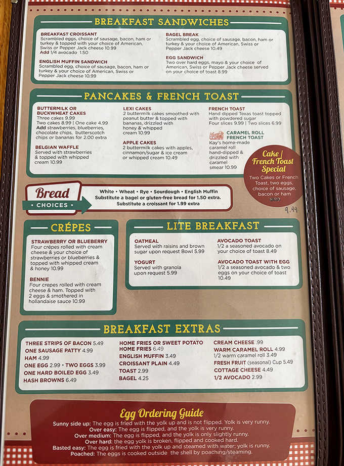 Kay's breakfast menu reads like a love letter to morning appetites, with everything from buttermilk pancakes to hearty breakfast sandwiches.