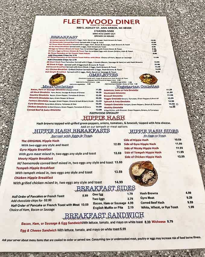 The menu offers everything from classic diner fare to their famous Hippie Hash variations that have achieved cult status.
