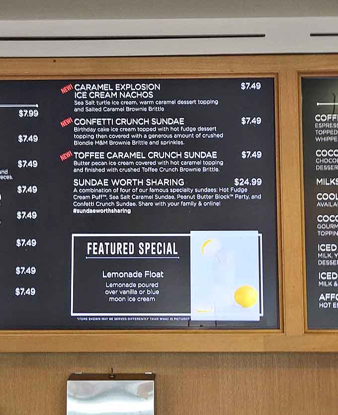 The menu board reads like poetry for dessert enthusiasts &ndash; each sundae description promising a different path to ice cream nirvana.
