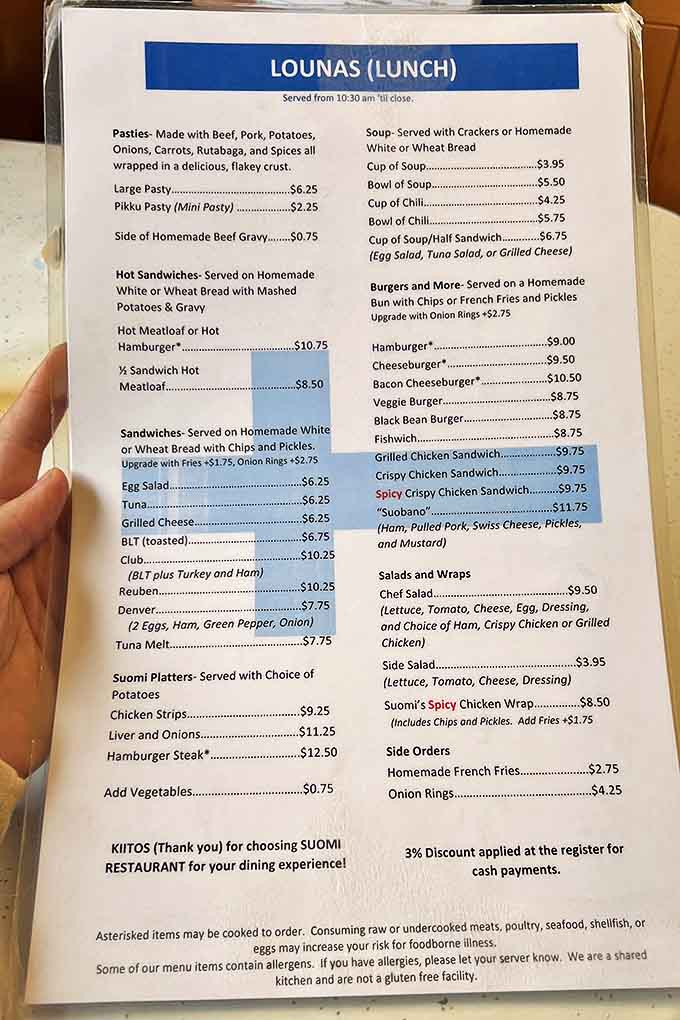 The lunch menu reveals Finnish treasures like pasties alongside American classics, a culinary passport without leaving Michigan.