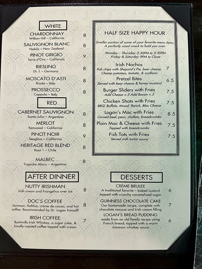 The drink menu tempts with everything from perfectly poured Guinness to "Doc's Coffee" – a spirited blend that might have you speaking with a brogue by evening's end.