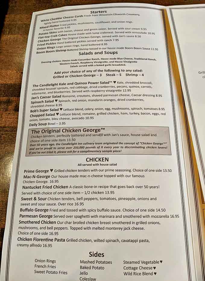 A menu that reads like a love letter to comfort food, with the famous Chicken George taking center stage among tempting options.