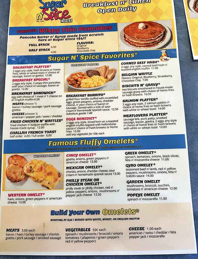 The menu reads like a love letter to breakfast classics, with those famous "Wispy Thin Pancakes" stealing the spotlight since 1941.