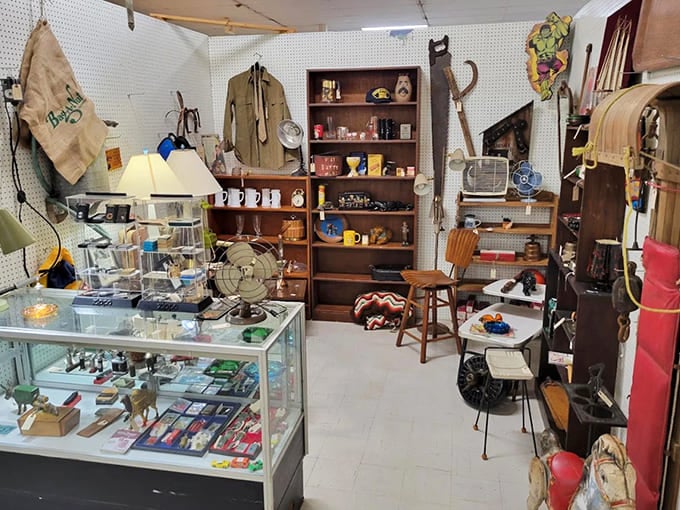 Vintage display cases hold miniature museums of Americana, each item with its own story waiting to be continued.