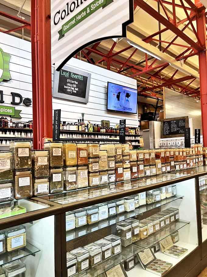 A spice lover's dream come true! Rows of colorful herbs and spices create an aromatic rainbow that would make any home cook weak at the knees.