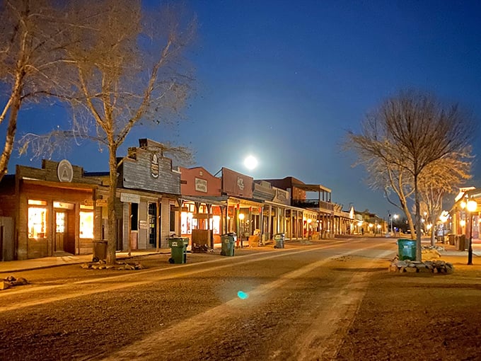Tombstone after dark transforms into a hauntingly beautiful tableau, the historic buildings glowing under the desert moon like sentinels of the past.