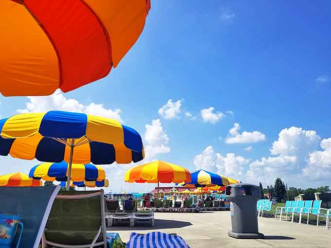 Umbrellas: A rainbow explosion of shade where sunburned parents strategically position themselves for maximum kid-watching efficiency.