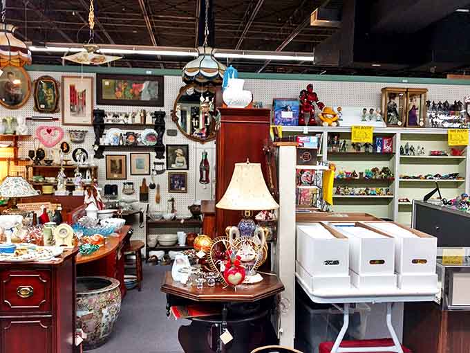 Navigate through this labyrinth of memories where vintage salt shakers mingle with crystal decanters in a dance of decades past.