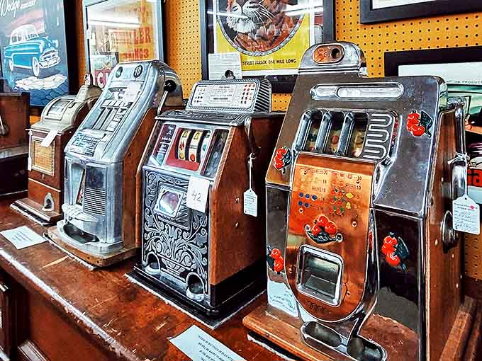 Vintage slot machines lined up like they're waiting to separate you from your quarters, one satisfying mechanical pull at a time.
