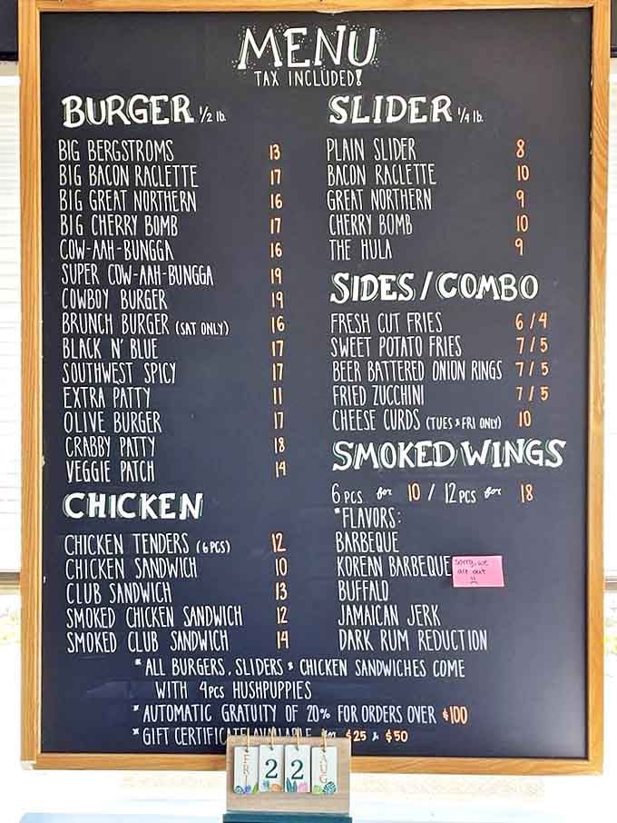 This isn't just a menu &ndash; it's a roadmap to happiness. Each burger name promises a unique flavor adventure worth taking.