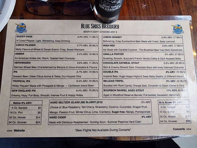Blue Skies Brewery's menu reads like a flight manifest of flavor destinations &ndash; from the crowd-pleasing Buddy Pass to the high-flying Belgian Tripel.