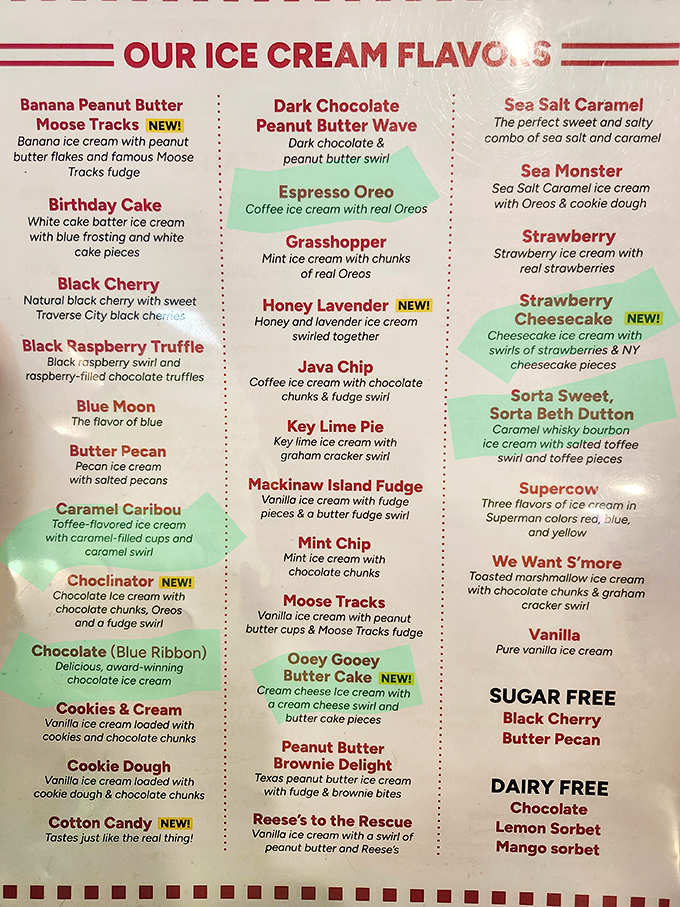 Decision paralysis has never been sweeter! The menu board showcases Michigan-inspired flavors from Blue Moon to Mackinaw Island Fudge.