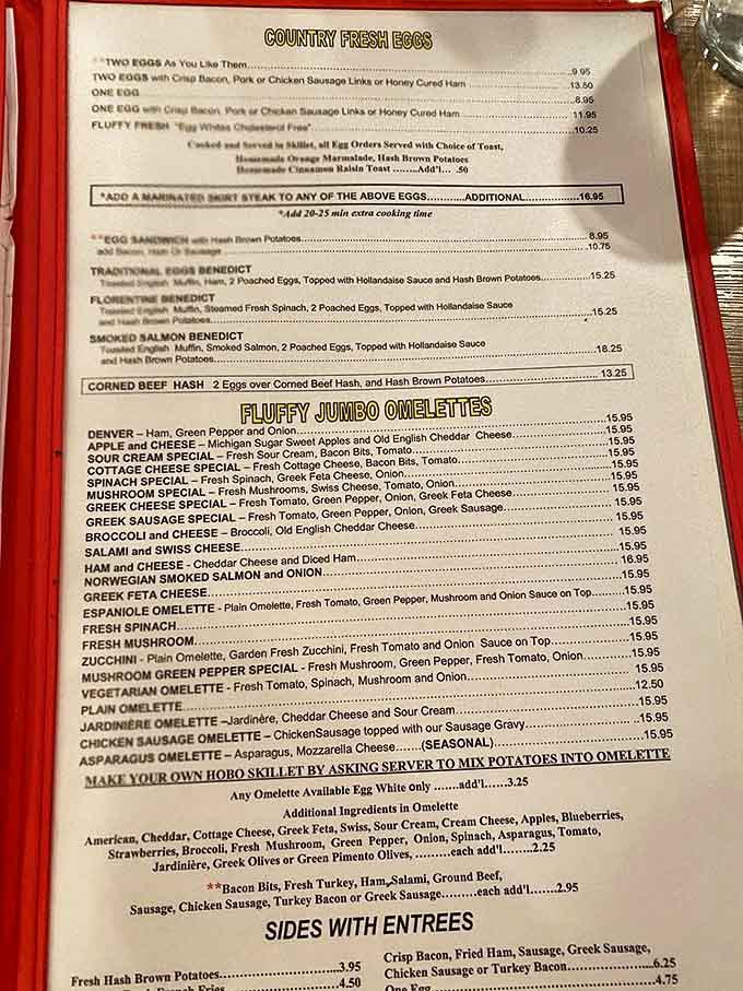 This menu reads like a love letter to American breakfast, offering everything from fluffy omelets to sweet Belgian waffles.