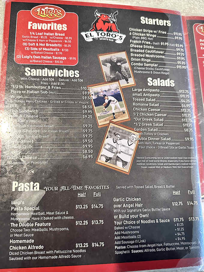 Luigi's menu showcases Italian-American classics with their famous thin-crust pizzas taking center stage among pasta favorites and hearty appetizers.