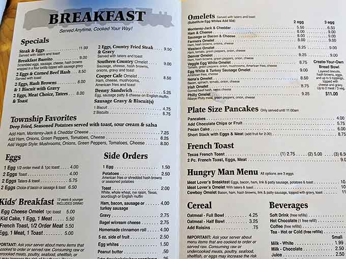Menu: The breakfast section alone could make a grown adult weep with joy &ndash; just look at those omelet options and "Township Favorites"!