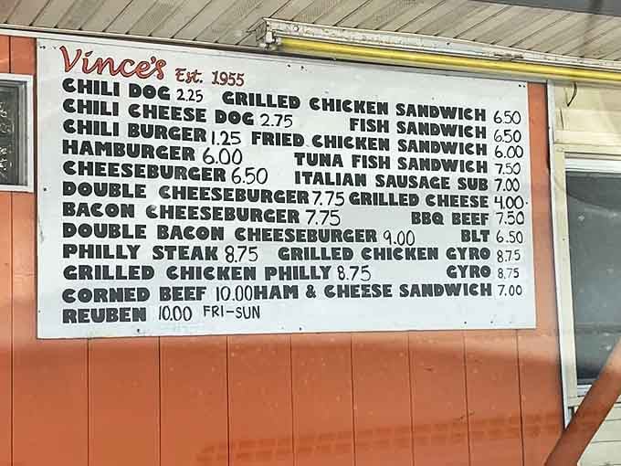 Simple pleasures, honestly priced &ndash; Vince's menu board showcases classics from chili dogs to Reubens, proving that good food doesn't need fancy descriptions or eye-popping prices.