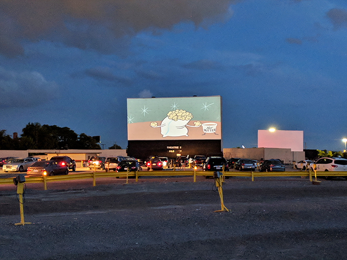 Night falls at Ford Wyoming as the massive screen glows against the darkness, drawing viewers into cinematic worlds under open skies.