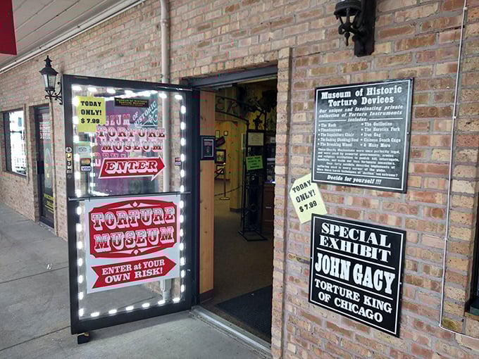The Museum of Historic Torture Devices lures brave souls with its carnival-like entrance. Step right up for a spine-tingling history lesson!