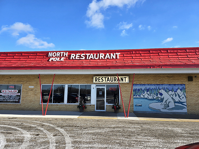 The North Pole Restaurant's bright red roof and polar bear mural create an instantly recognizable Newport landmark for comfort food seekers.