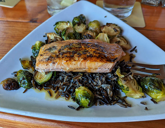 Blackened tuna perched on wild rice with Brussels sprouts looks almost too beautiful to eat. Almost being the key word.