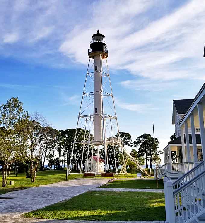 Cape San Blas Lighthouse stands sentinel over Port St. Joe, its white tower reaching skyward like a historical exclamation point.