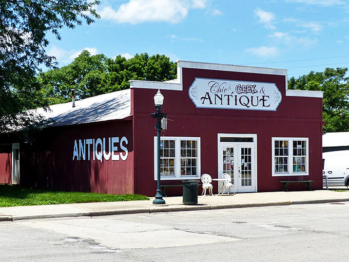 Chic Geek Antique's weathered red exterior hints at the treasures waiting inside for those who appreciate yesterday's craftsmanship.