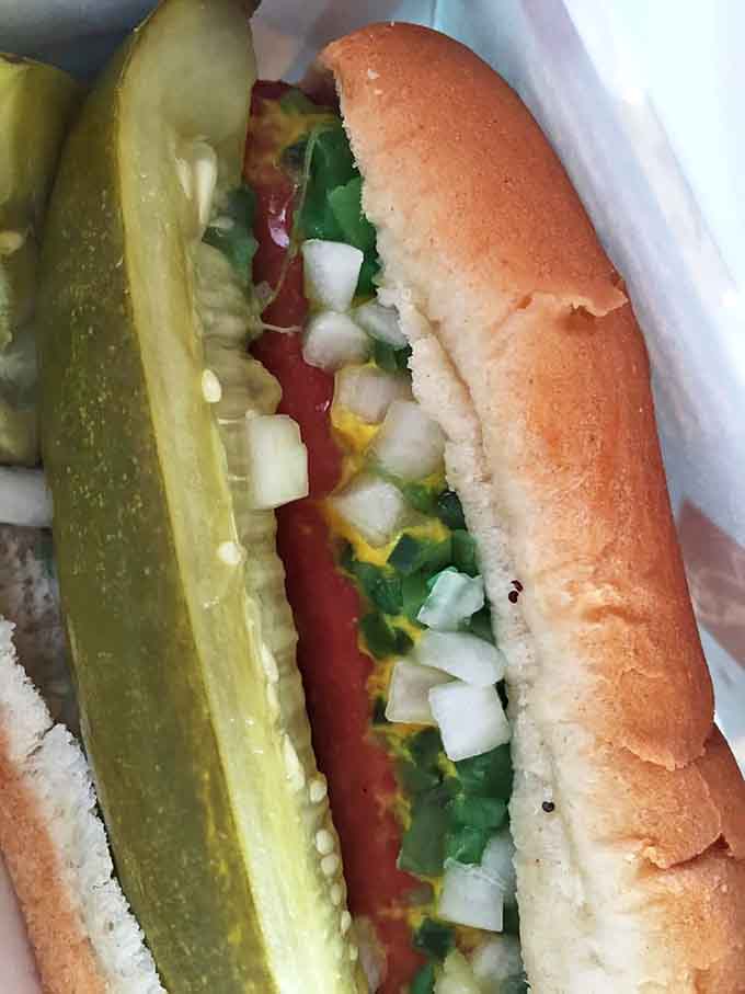 A perfect Chicago-style hot dog in all its glory: mustard, relish, onions, tomato, pickle spear, sport peppers, and celery salt on a poppy seed bun.