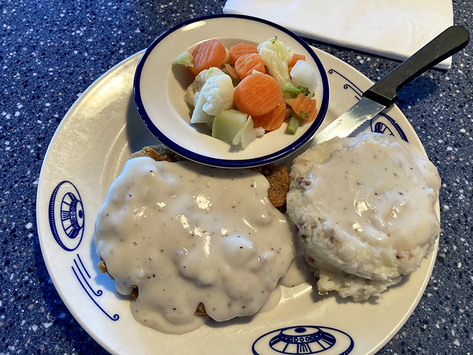This crispy, gravy-smothered masterpiece deserves its own NASA mission patch &ndash; comfort food that transcends planetary boundaries.
