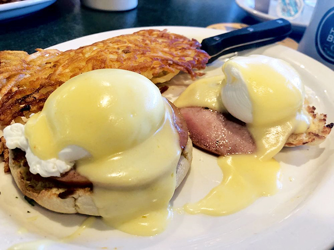 Eggs Benedict perfection &ndash; those poached eggs look like they're auditioning for a breakfast magazine cover shoot.
