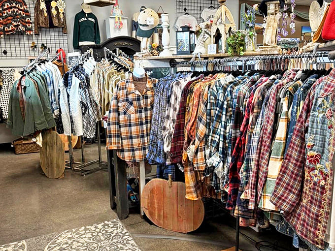 A rainbow of plaid flannel shirts stands at attention, each one softer than the last. The kind of clothes that feel like old friends from the moment you try them on.