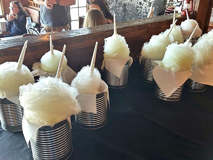 Cotton candy mountains await at meal's end – fluffy towers of spun sugar that transform adults into wide-eyed kids faster than you can say "dessert."