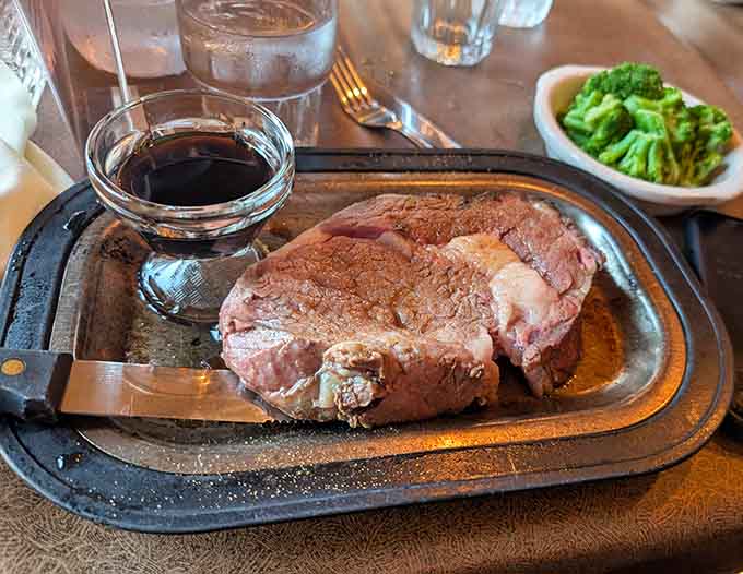 This prime rib shows off that perfect pink center and caramelized crust that dreams are made of, folks.