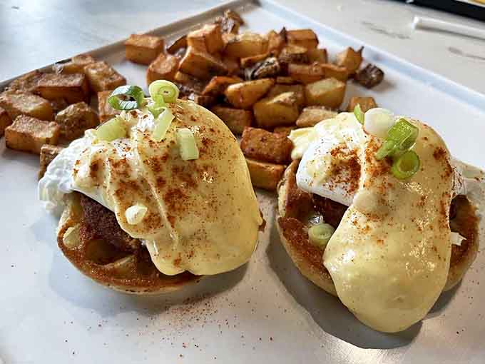 These Crab Cakes Benedict aren't just breakfast &ndash; they're an edible masterpiece featuring plump crab cakes crowned with perfectly poached eggs and silky hollandaise sauce.