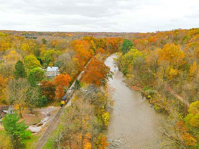 A bird's-eye view reveals the perfect marriage of river and rail. The train follows the Cuyahoga's gentle curves through a tapestry of autumn colors.